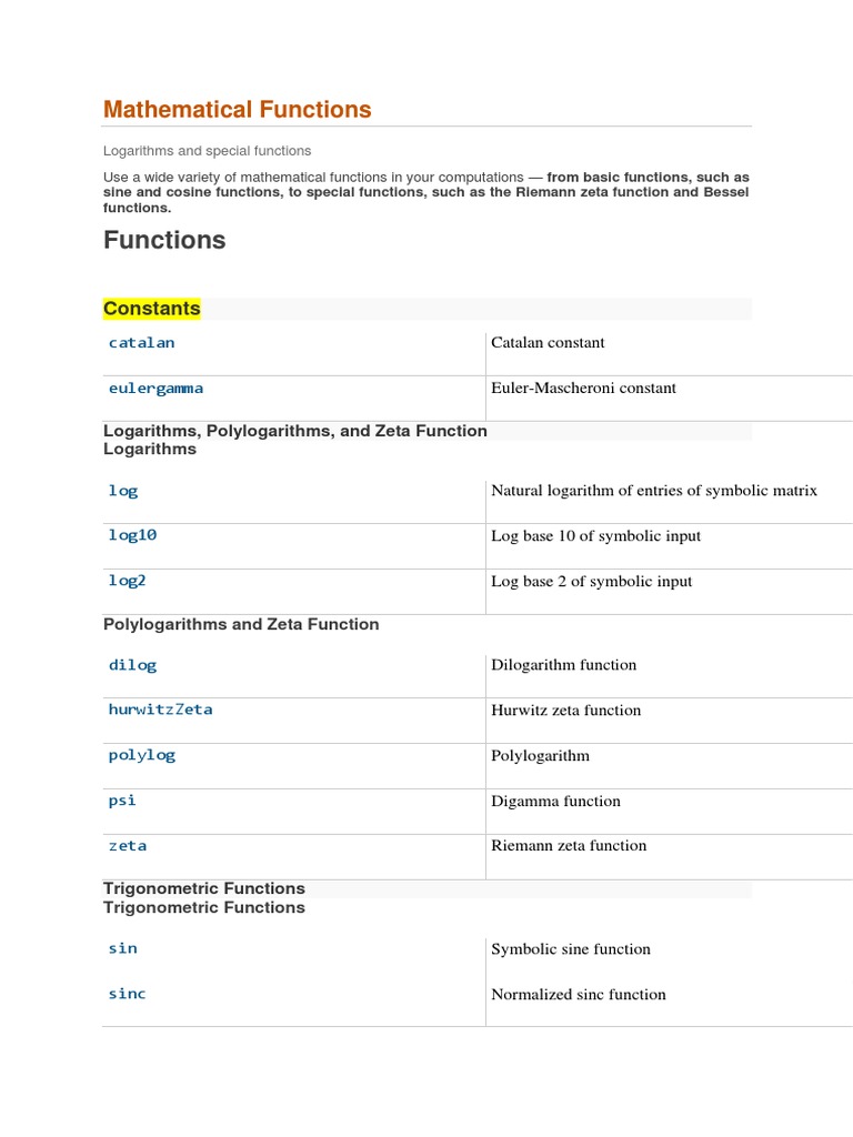 Matlab Functions And Constants Pdf Trigonometric Functions Complex Number