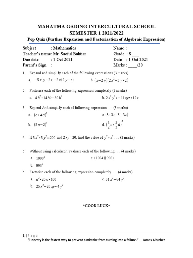 G8 2020-2021 Pop Quiz (Further Expansion and Factorisation of Algebraic ... G8 2020-2021 Pop Quiz (Further Expansion and Factorisation of Algebraic ...