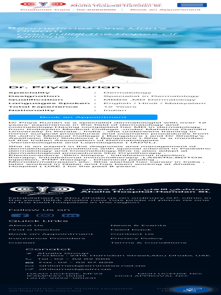 Dr. Priya Kurian - Ahalia Hospital Hamdan Ahali | PDF | Career & Growth | Business