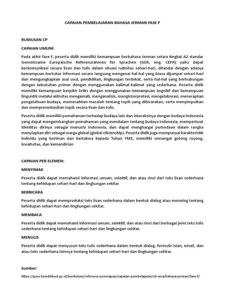 Capaian Pembelajaran Bahasa Jerman | PDF