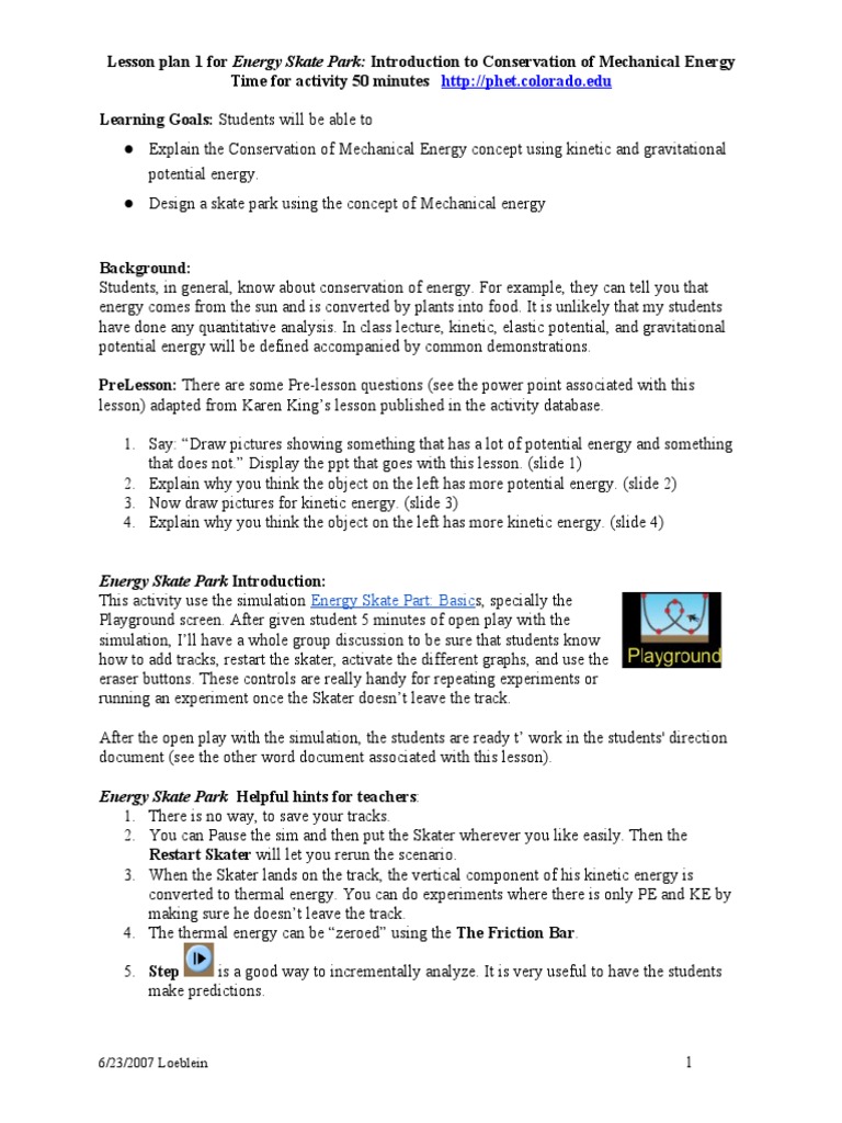 Lesson Plan For Energy Skate Park1 | PDF | Potential Energy | Kinetic ...