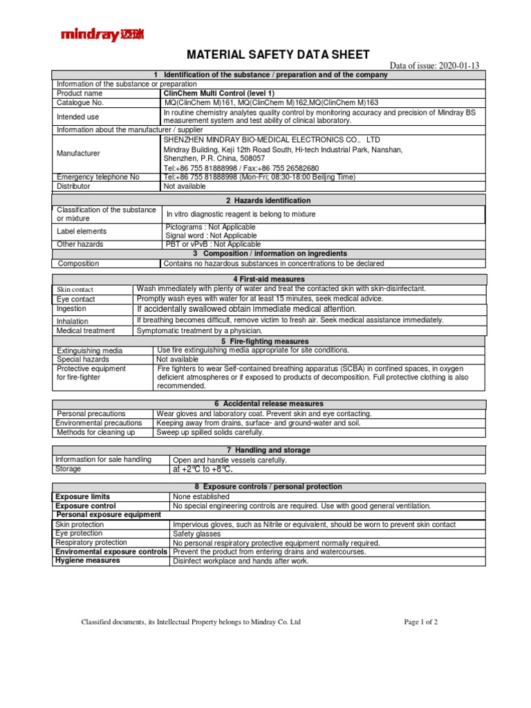MSDS ClinChem Lev 1 | PDF | Toxicity | Personal Protective Equipment