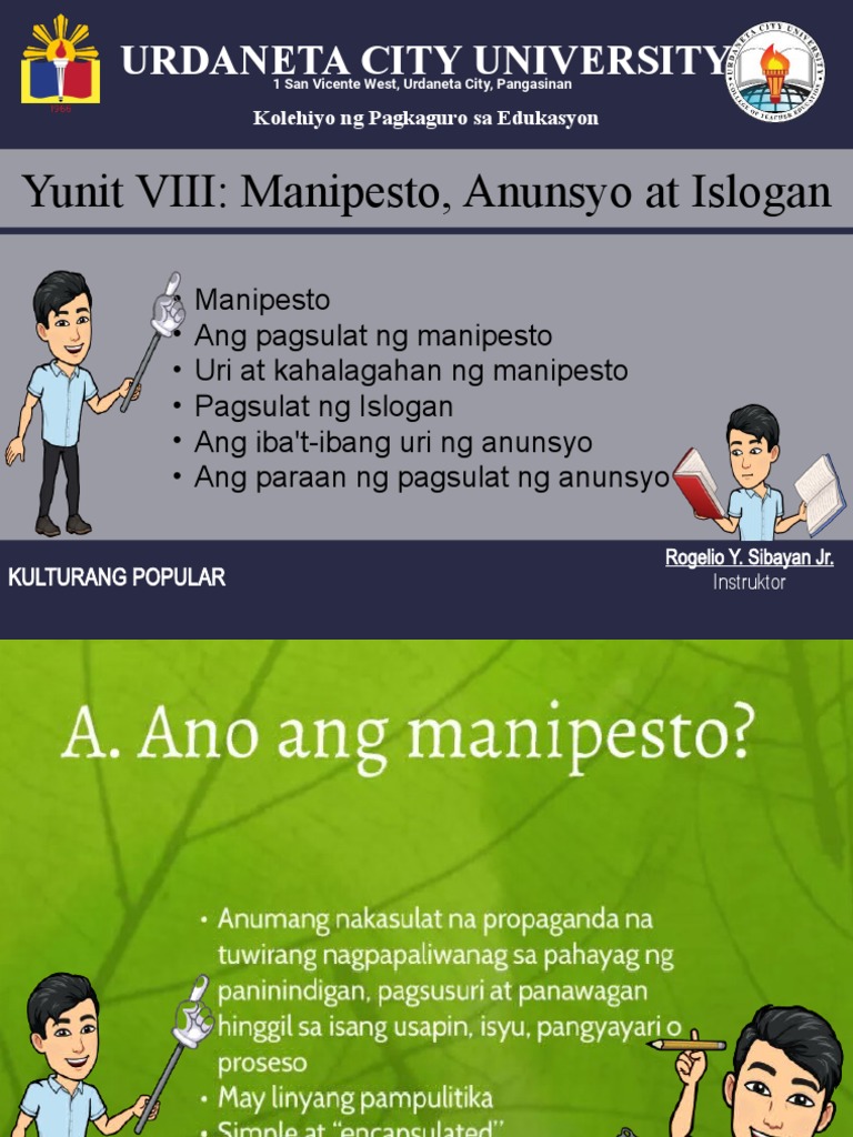 Yunit VIII Manipesto Anunsyo at Islogan | PDF