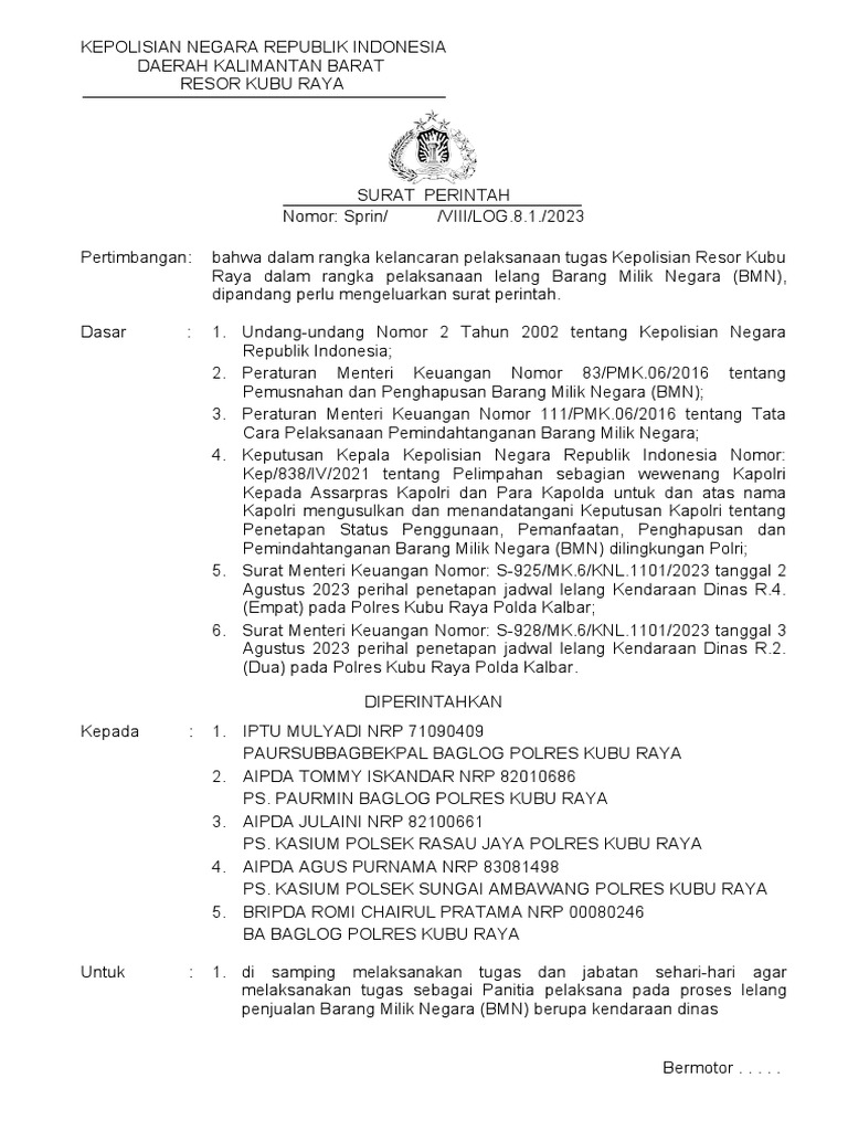 Sprin Pelaksanaan Lelang | PDF