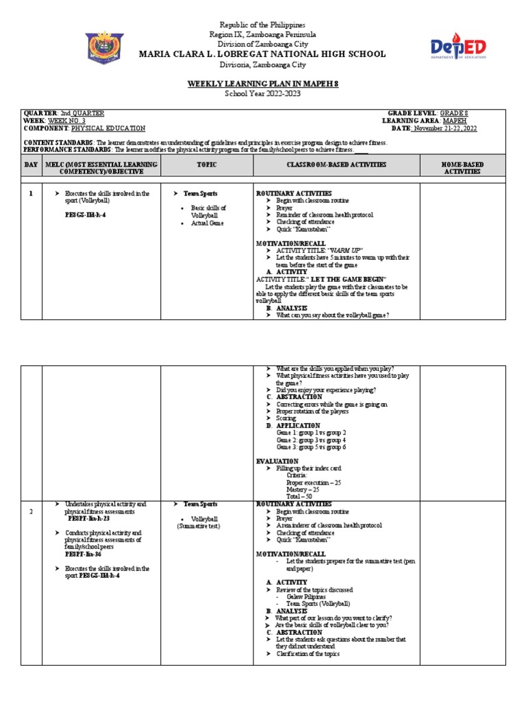 G8 WLP Physical Education Week No. 3 First | PDF | Learning | Volleyball