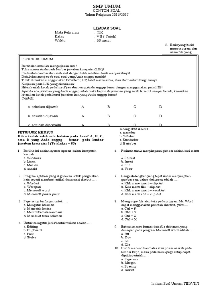 Latihan soal TIK Kelas 7 | PDF