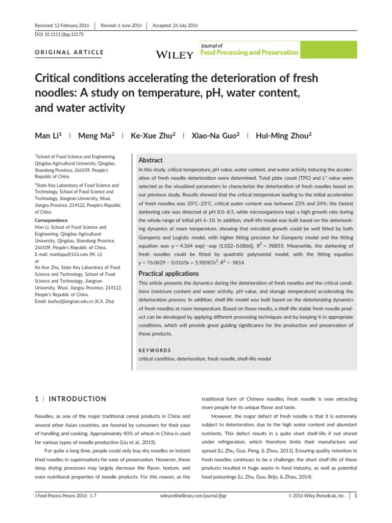 Critical Conditions Accelerating The Deterioration of Fresh Noodles A ...