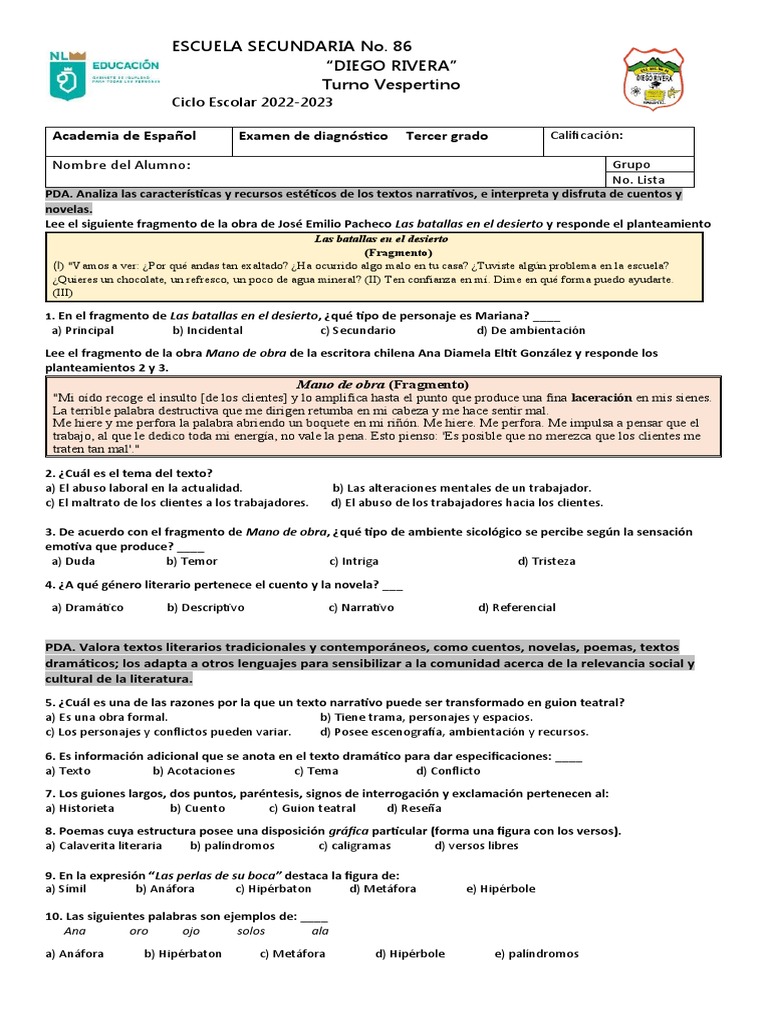 Examen Diagnóstico Español 3° Grado | PDF