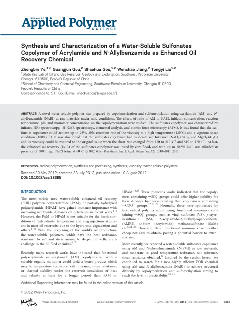 J of Applied Polymer Sci - 2012 - Ye | PDF | Copolymer | Viscosity