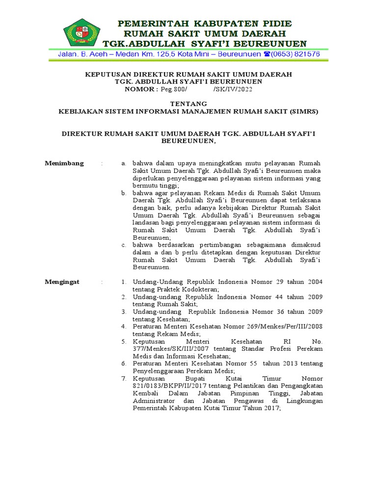 SK Kebijakan SIMRS | PDF