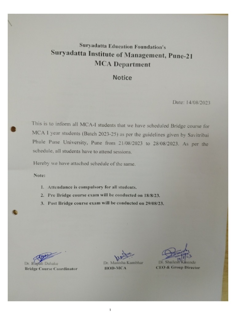 Bridge Course Notice and Timetable Batch 2023-25 | PDF