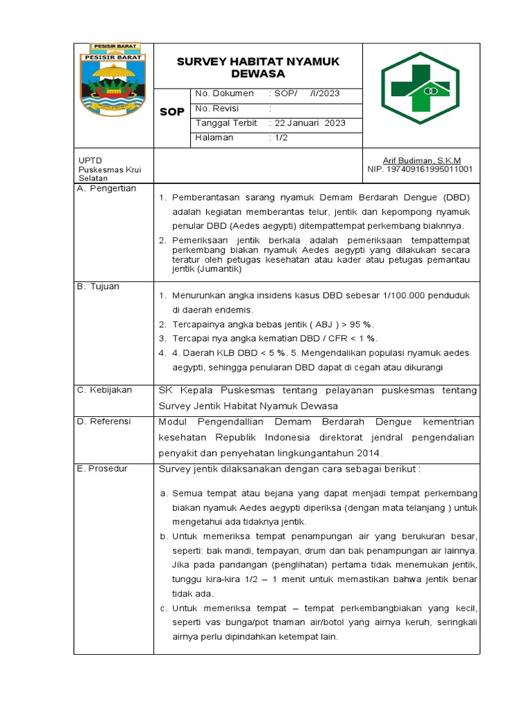 Sop Survey Jentik Habitat Nyamuk Dewasa | PDF