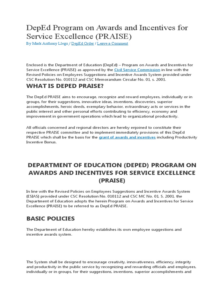 DepEd PRAISE Awards Program Overview | PDF | Incentive | Employment