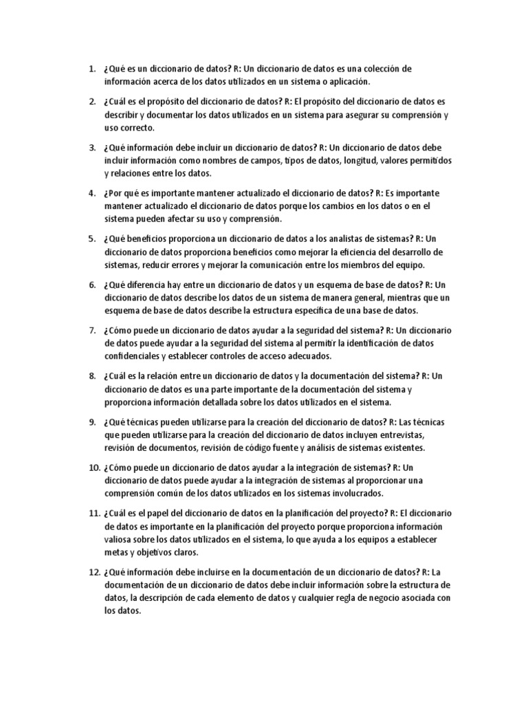 Preguntas Analisis de Datos | PDF | Diccionario | Planificación