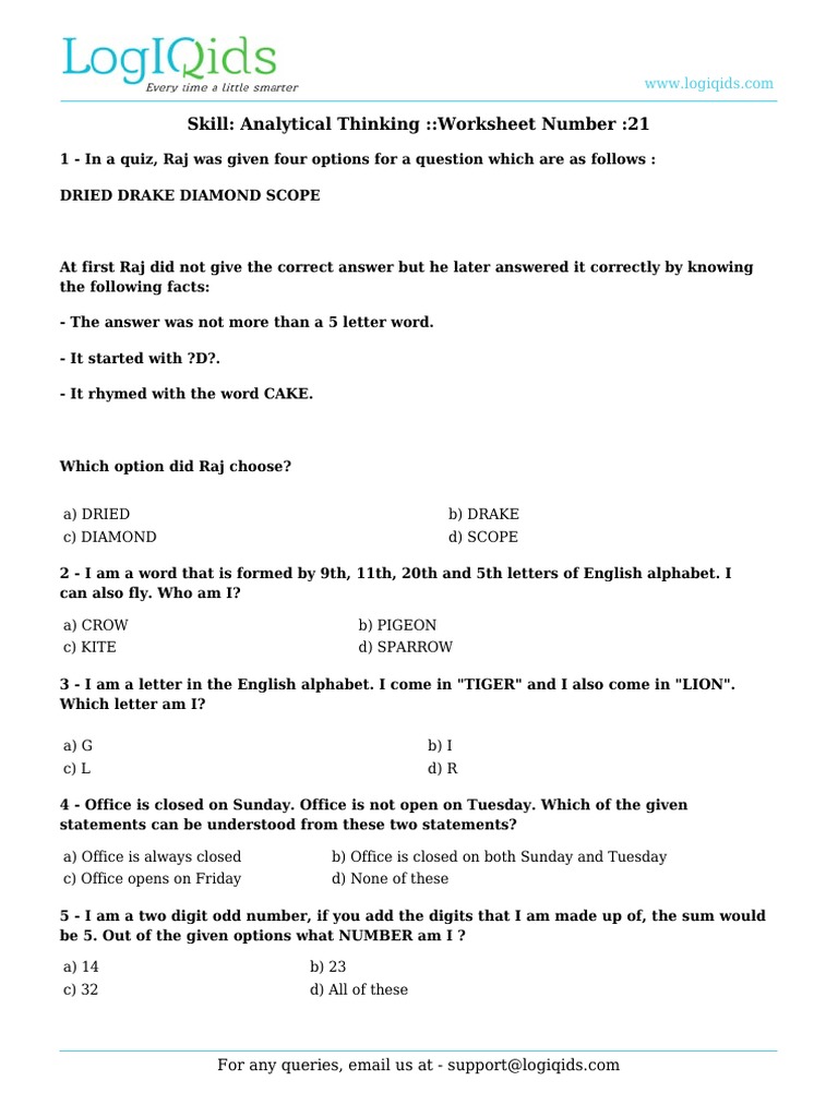 Skill: Analytical Thinking::Worksheet Number:21: A) Dried B) Drake C ...