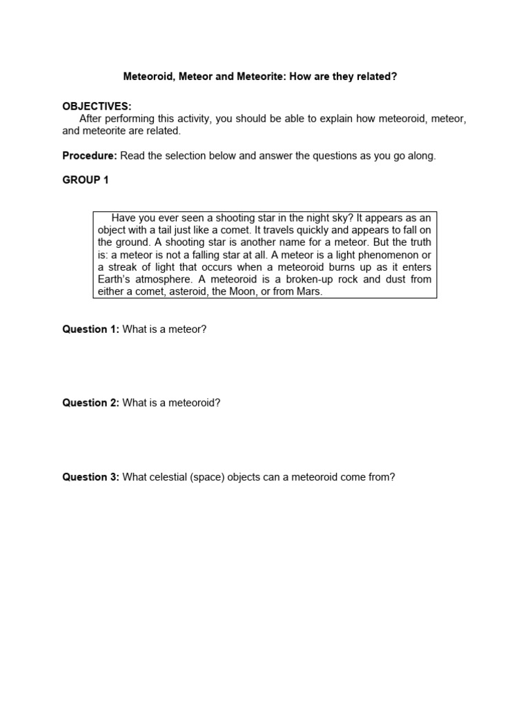 Meteor, Meteoroid, Meteorite Group Worksheet | PDF | Meteoroid | Astronomy