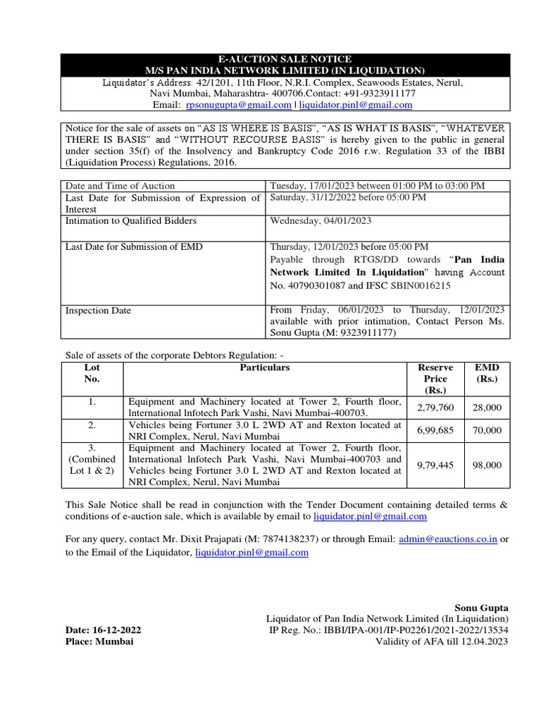 E-Auction Sale: Pan India Network Assets | PDF | Liability (Financial ...