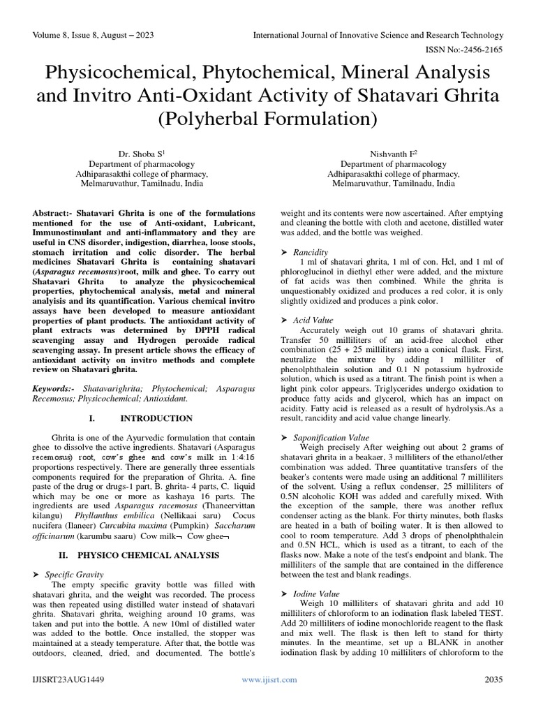 Physicochemical, Phytochemical, Mineral Analysis and Invitro Anti-Oxidant Activity of Shatavari ...
