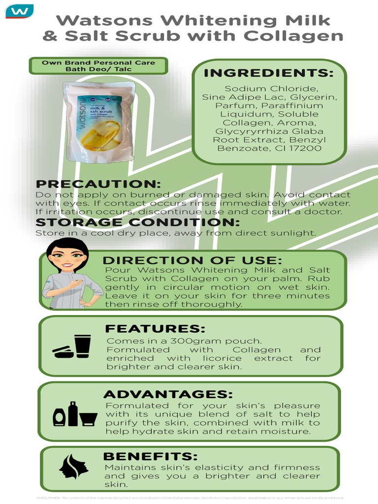 Watsons Whitening Milk Salt Scrub With Collagen Product Information | PDF