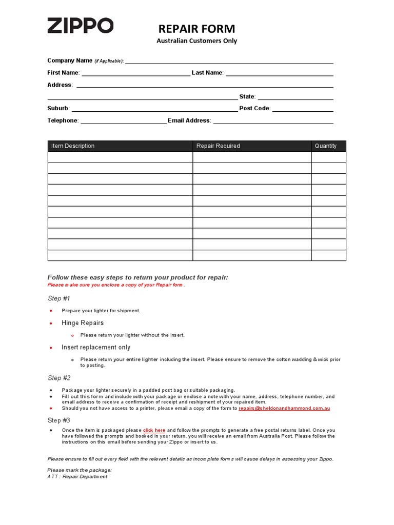 Zippo Repair Form - Signable | PDF
