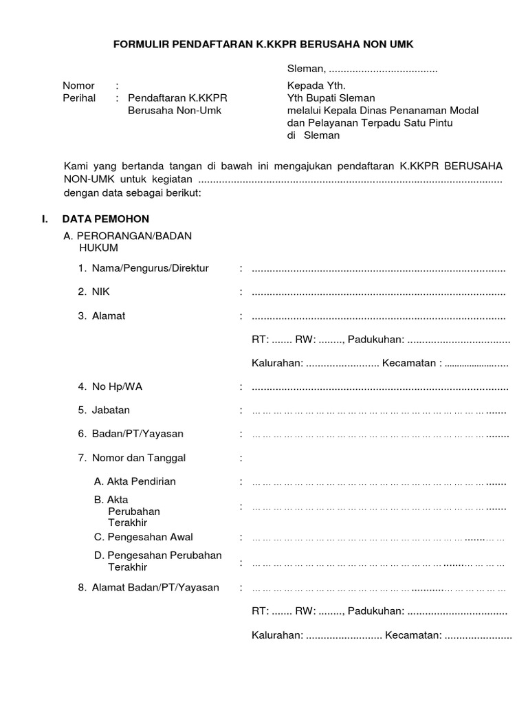 Formulir Pendaftaran K.KKPR Berusaha Non Umk | PDF