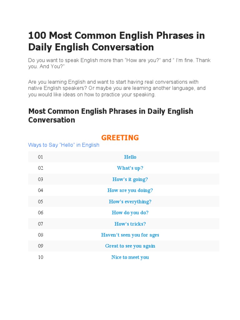 100 Most Common English Phrases in Daily English Conversation | PDF ...