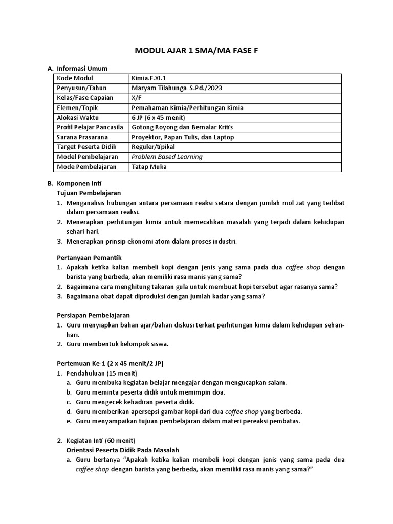 Modul Ajar Xi Kimia 2023 | PDF