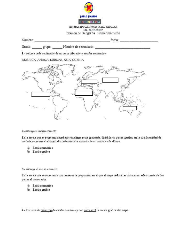 Examen de Geografía para Secundaria | PDF | Mapa | Cartografía