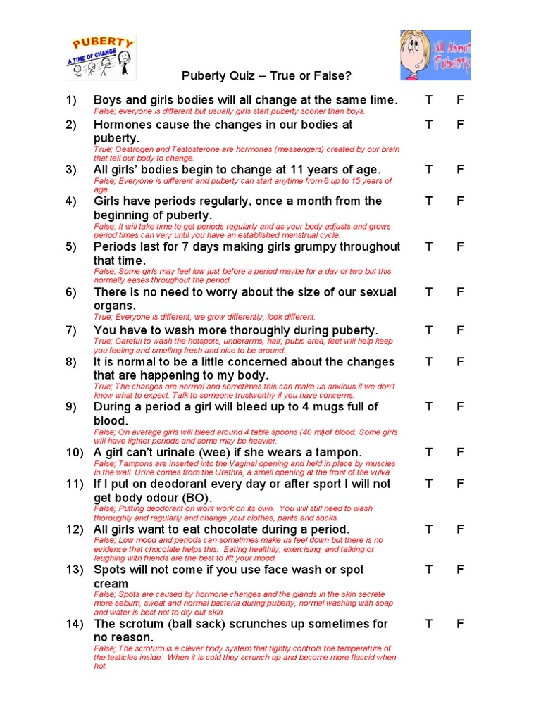 2 Puberty Quiz True of False With Answers 1 | PDF | Puberty | Sexual ...