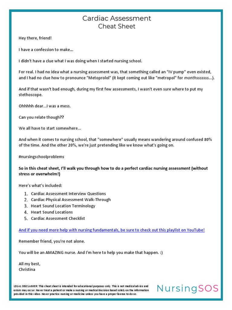 Cardiac Assessment Cheat Sheet | PDF | Heart | Physiology