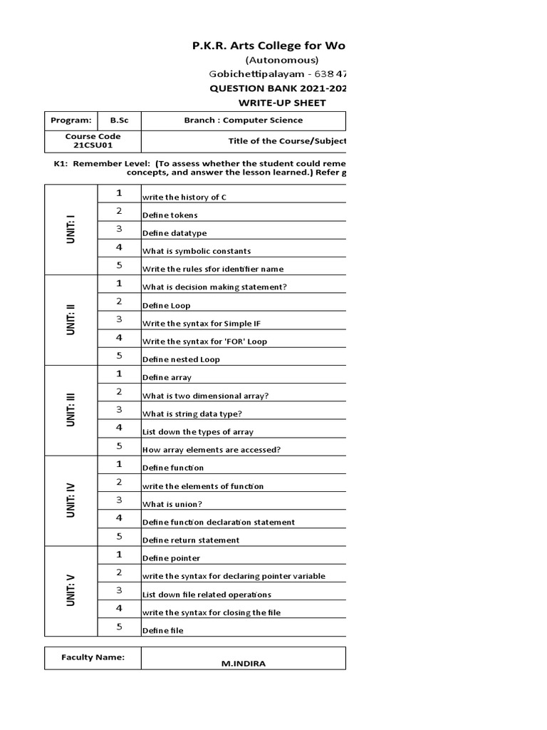 Programming in C - Qbank I B.SC CS, BCA, I B.SC IT | PDF | Computer Program | Programming