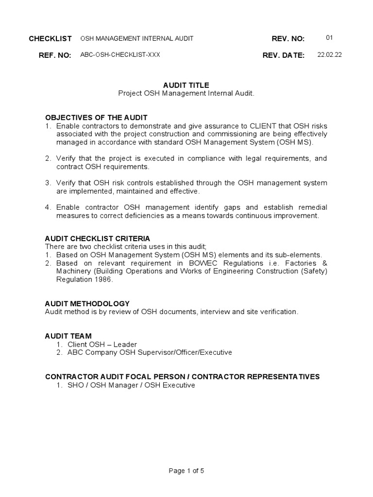 Digital Osh Checklist Project Osh Management Internal Audit Ver001 ...