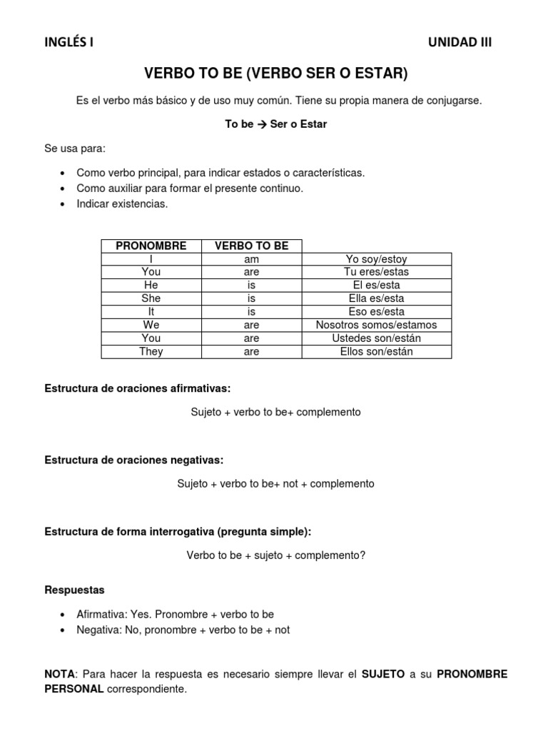 VERBO TO BE (VERBO SER O ESTAR) | PDF | Verbo | Asunto (gramática)
