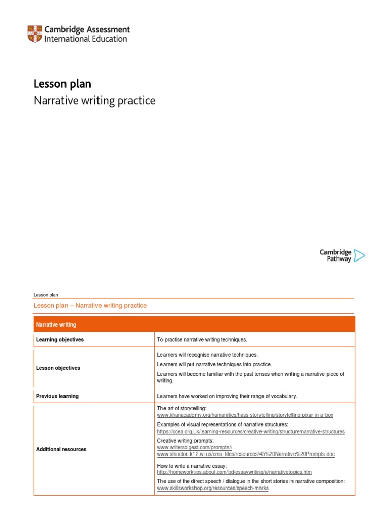 Narrative Writing Lesson Plan | PDF | Learning | Narration
