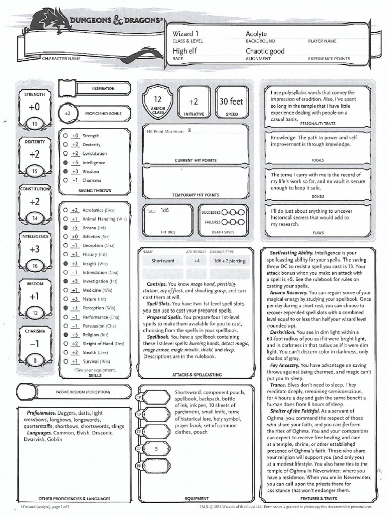 High-Elf Wizard Chaacter Sheet | PDF