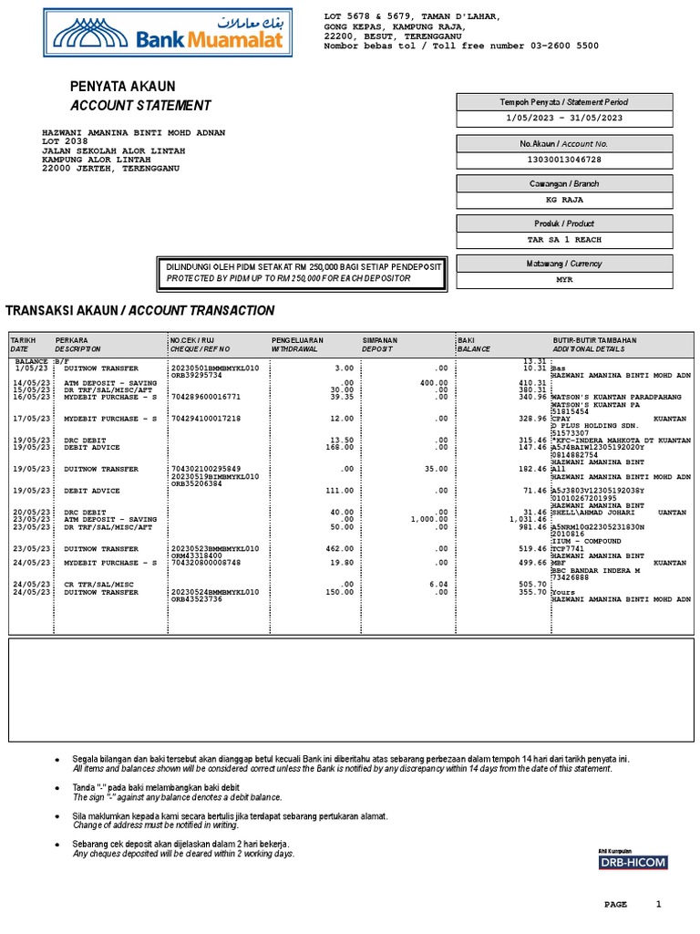 Account Statement: Penyata Akaun | PDF | Payments | Debit Card