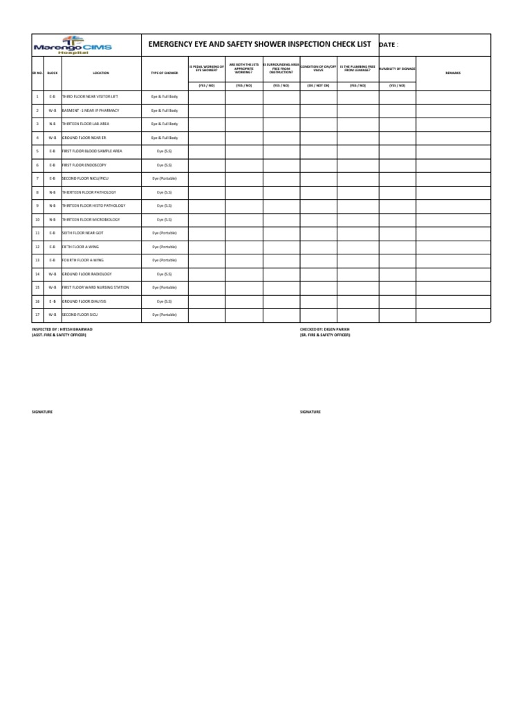 Safety Shower Inspection Checklist | PDF | Medicine | Tools