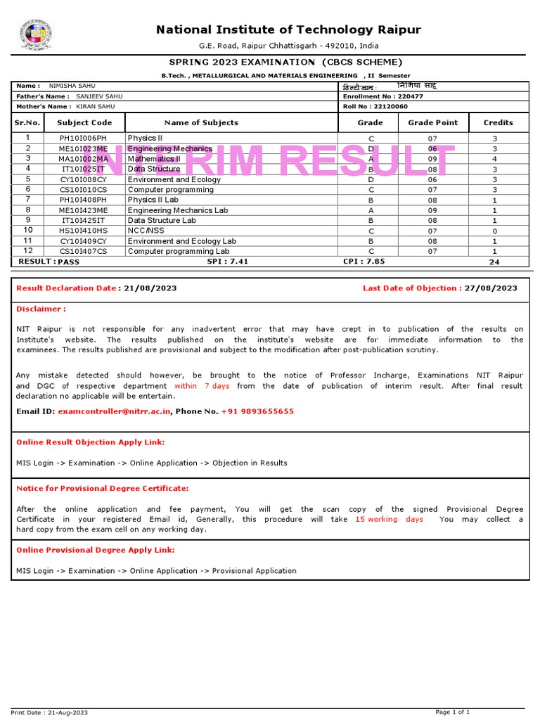 Interim Result: National Institute of Technology Raipur | PDF | Computing