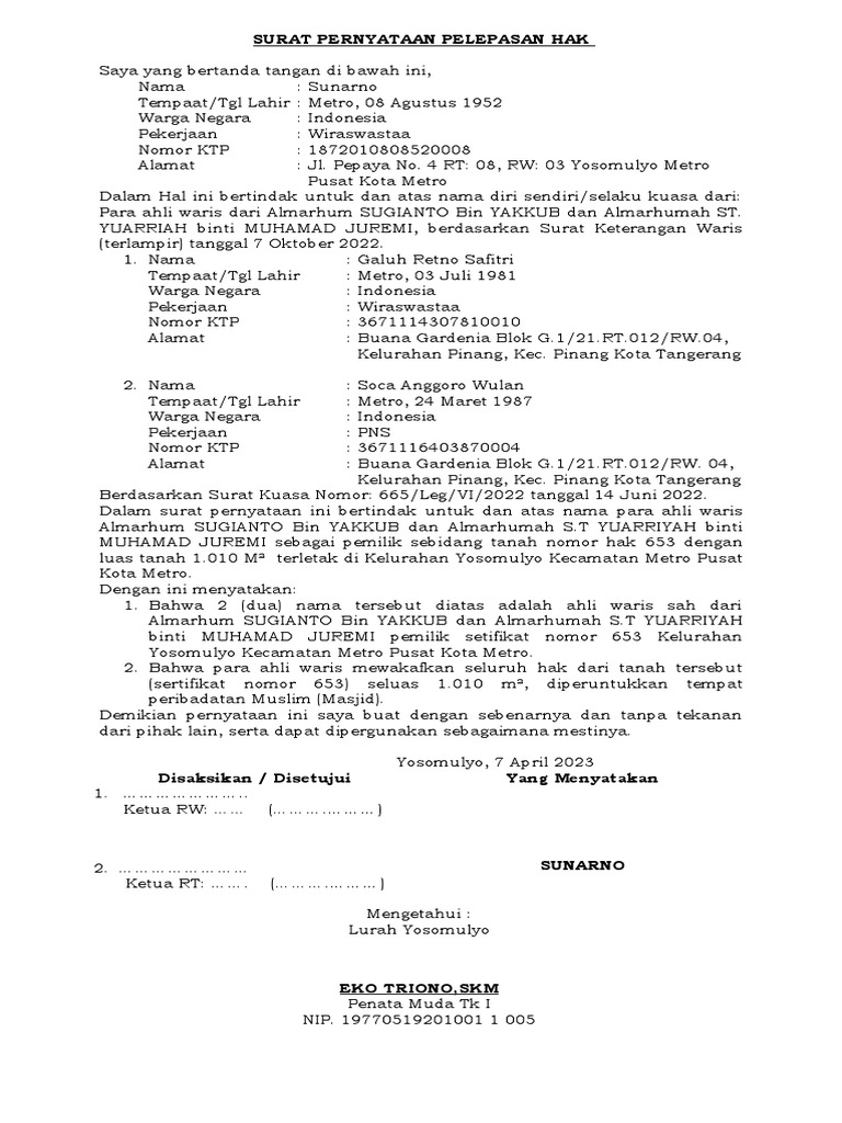 Surat Pernyataan Pelepasan Hak Pak Zen | PDF Surat Pernyataan Pelepasan Hak Pak Zen | PDF