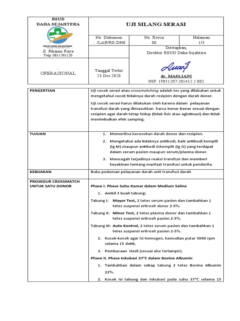 Prosedur Uji Cocok Serasi Transfusi | PDF