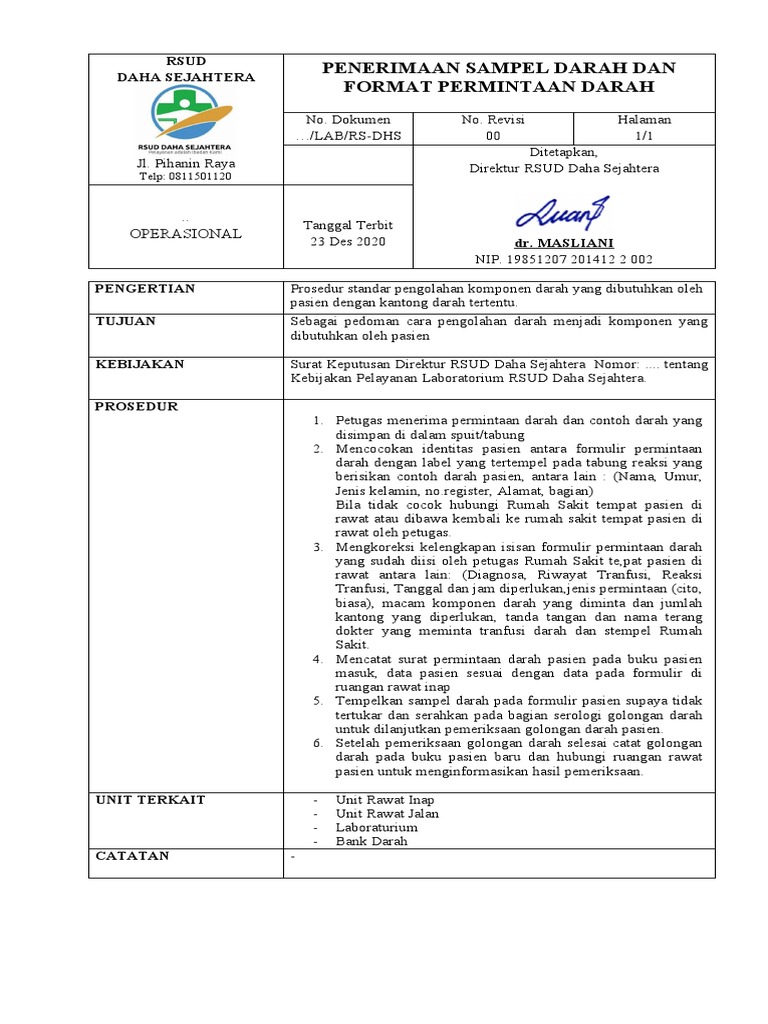 SOP Penerimaan Sampel Darah Dan Format Permintaan Darah | PDF