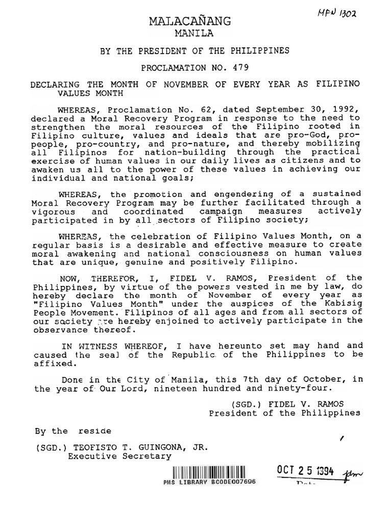 Proc - 479 - 1994 Filipino Values Month | PDF | Philippines Proc - 479 - 1994 Filipino Values Month | PDF | Philippines