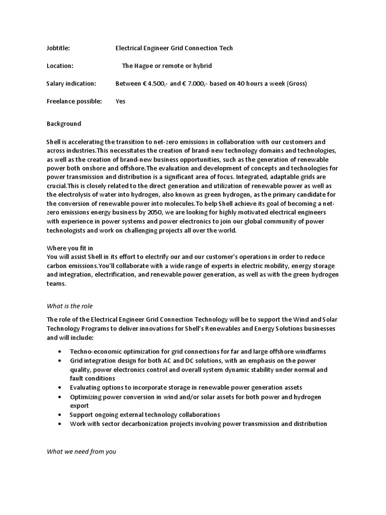 Electrical Engineer for Grid Connection | PDF | Renewable Energy ...
