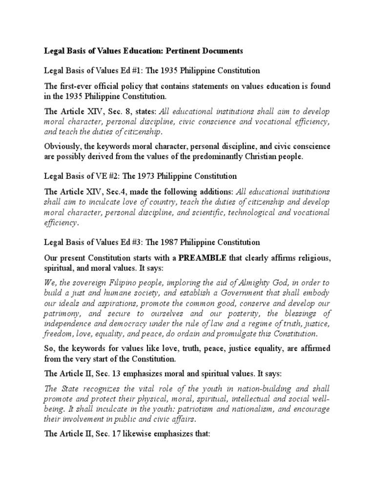 Legal Foundations of Values Education | PDF | Curriculum | Learning