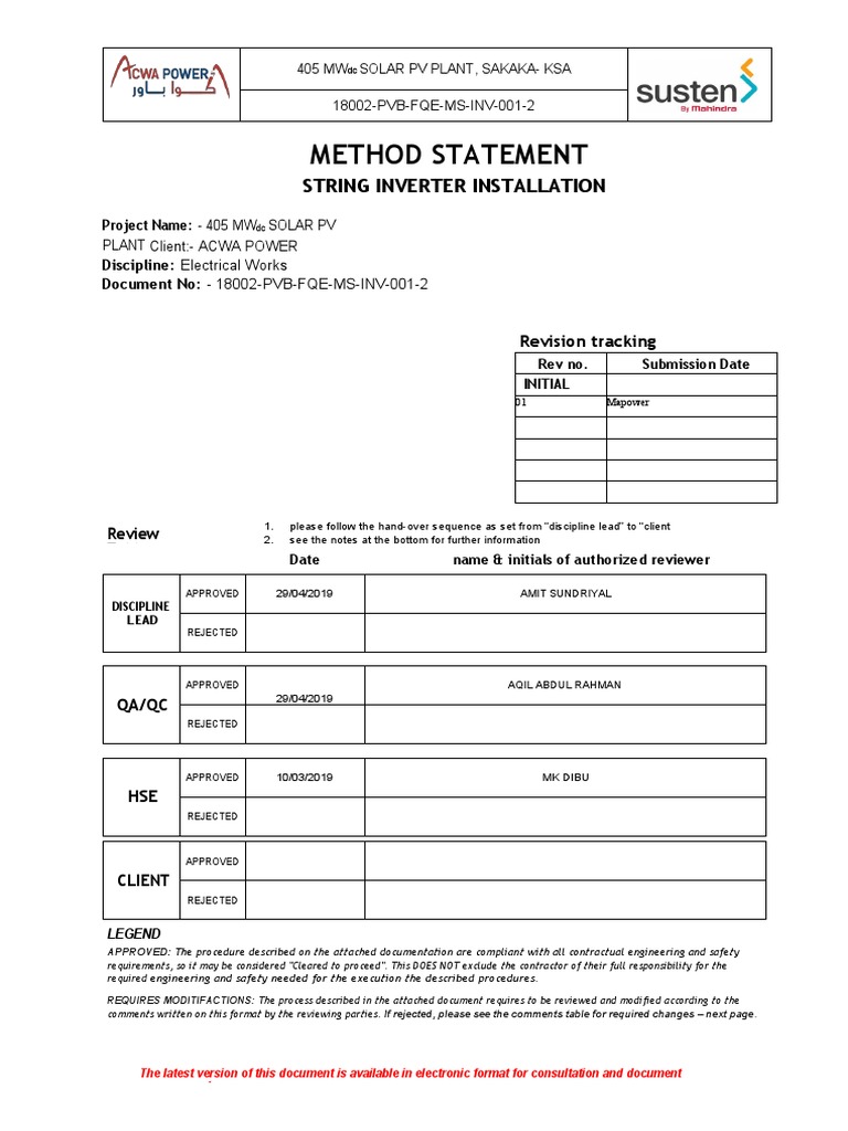 String Inverter Installation Method Statement | PDF | Personal Protective Equipment | Forklift