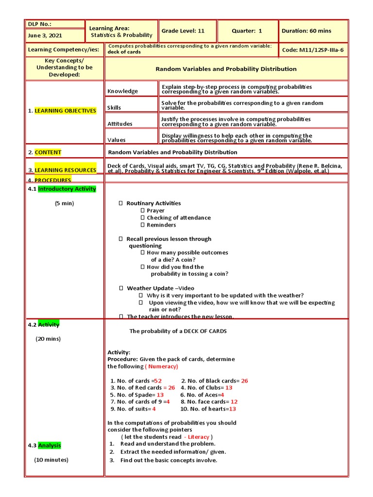 Sample Lesson Plan (Dep Ed) | Download Free PDF | Probability | Random ...