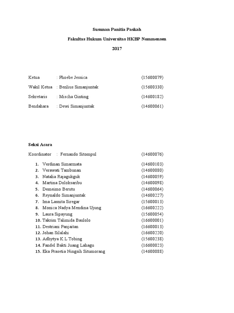 Susunan Panitia Paskah | PDF