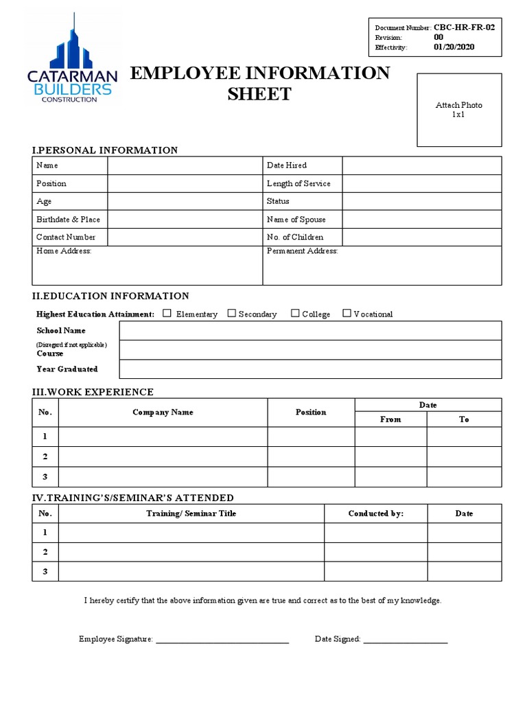 Employee Information Sheet Template | PDF