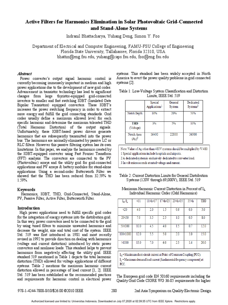 Active Filters For Harmonics Elimination in Solar PV Grid Connected and Stand Alone Systems ...
