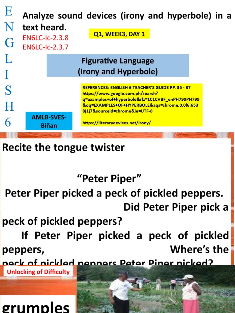 ENGLISH 6, Q1, WEEK 3, DAY 1-Analyze Sound Devices (Irony and Hyperbole ...